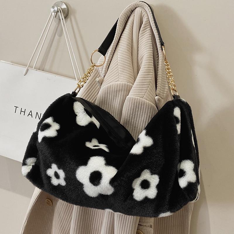 Buy Big Flower Pattern Warm Plush Faux Fur Fluffy Shoulder Bag FOR ...