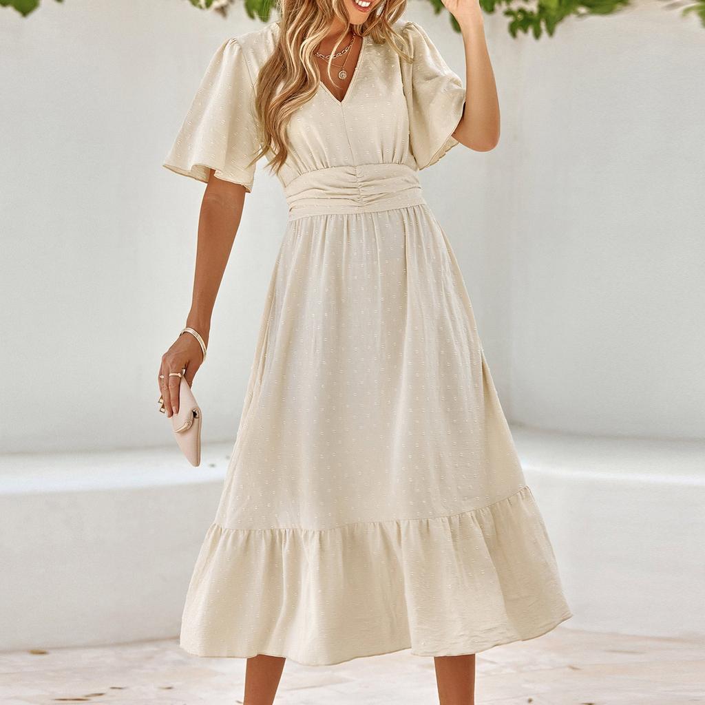 Cheap Women's Solid Color V-neck Ruffle Sleeve Solid Color Dress Long ...