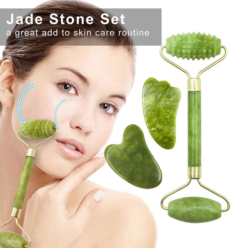 Buy Jade Stone Set Jade Roller & 2 Gua Sha Scrapers Massage Tools for ...