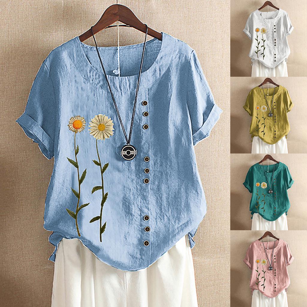 Buy Plus Size Women Short Sleeve Cotton Linen O Neck Button Print
