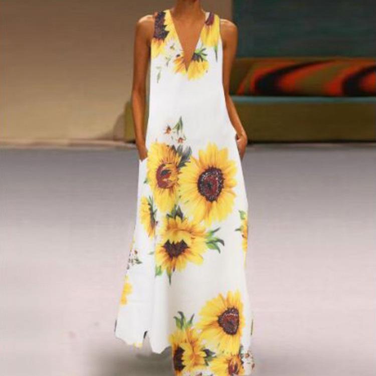 Buy Summer Sunflower Printed Dress Women's V Neck Sleeveless Floral ...