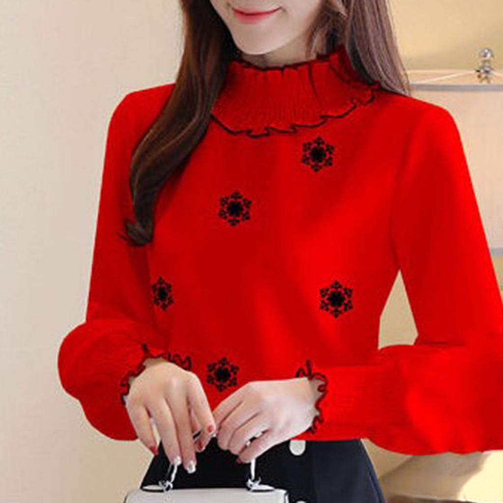 Buy Women Long Neck Blouse Heart Turtle Pattern Autumn Top Pullover at ...
