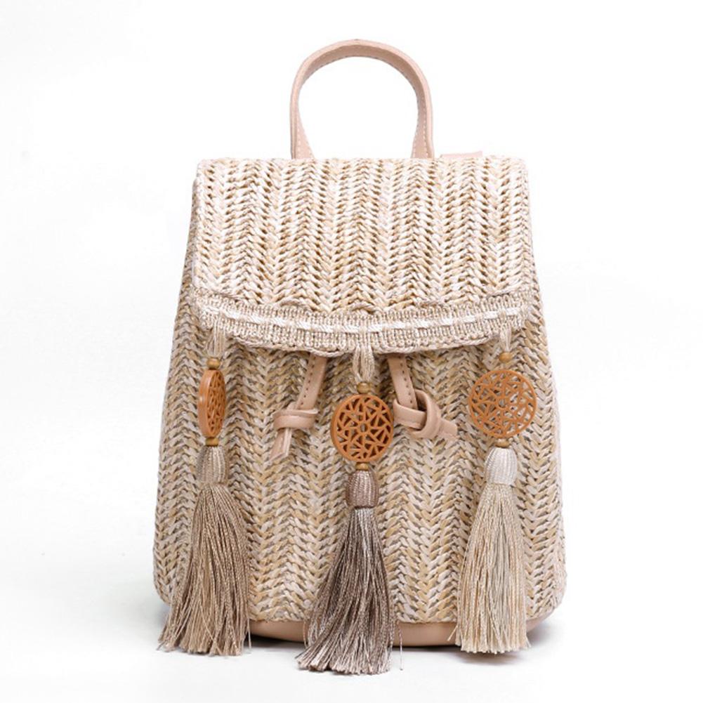 Buy Women Straw Shoulder Backpack with Tassel Boho Summer Beach Leather ...