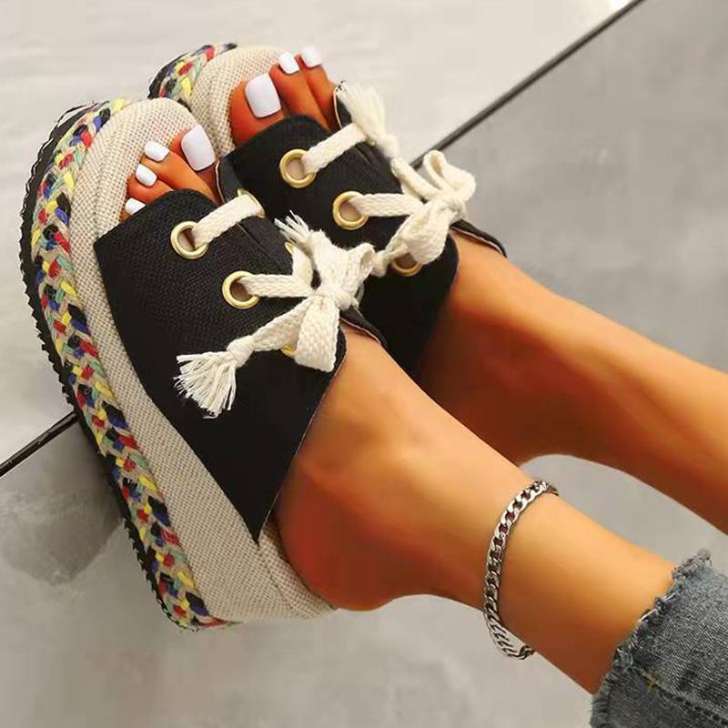 Hemp Rope Braided Lace -Up High -Heeled Sandals Women Wedges Canvas ...