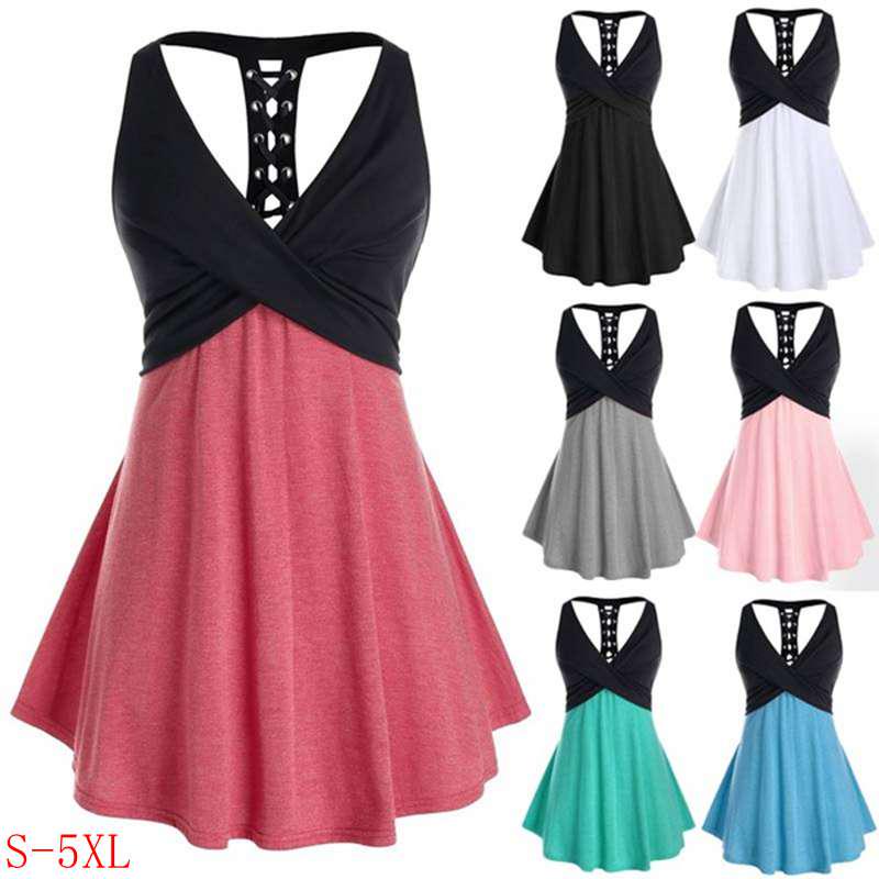 Buy Women Fashion Colorblock Lace Up Crossover Tank Tops Sleeveless ...