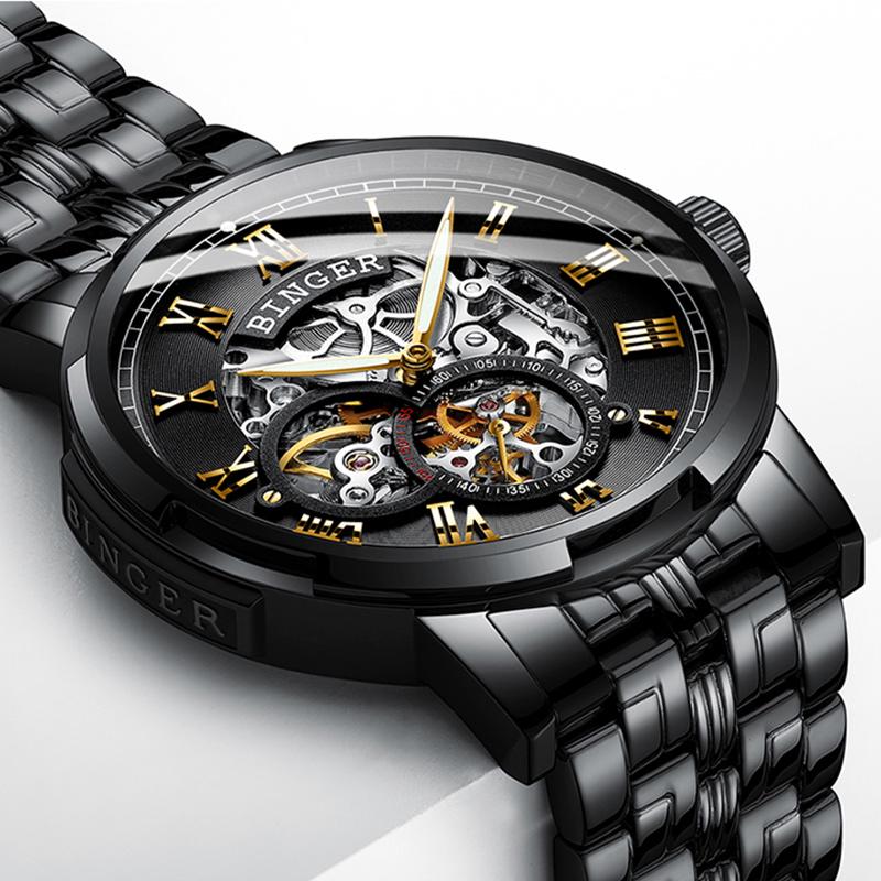 Binger Classic Sport Mechanical Watches Waterproof Black Leather Men's ...