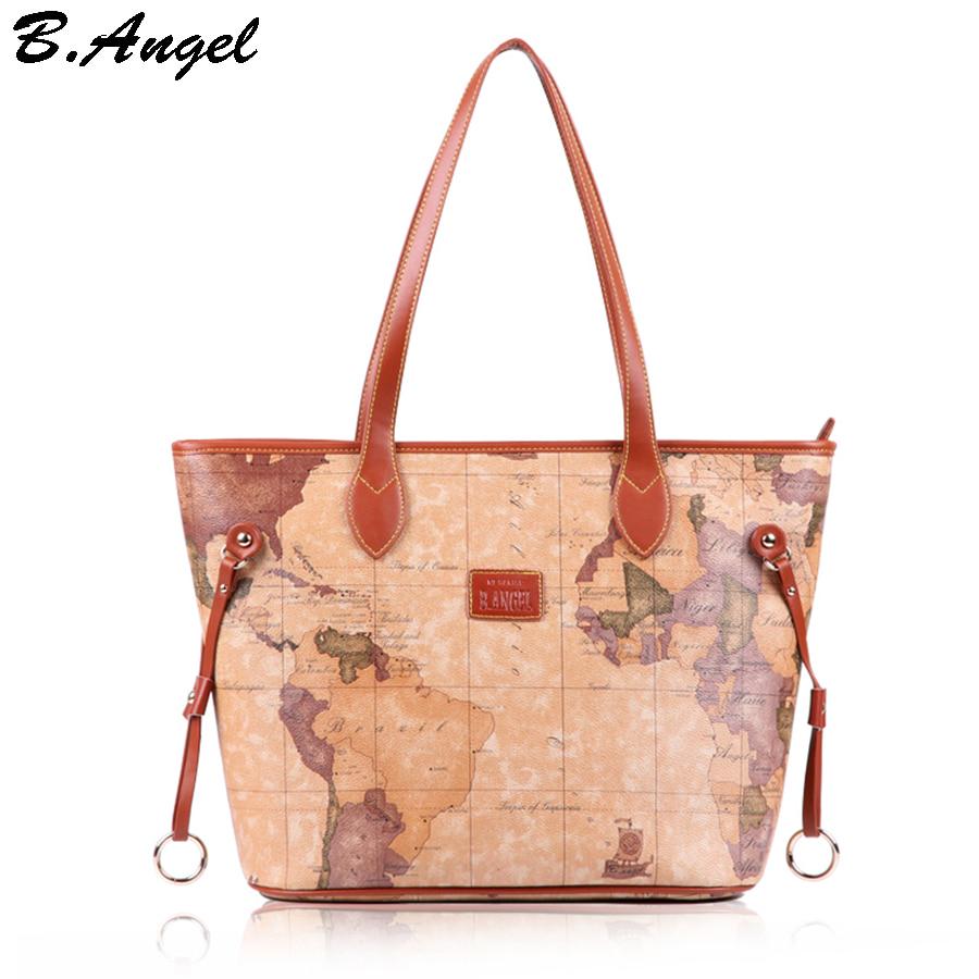 Buy Big Vintage Map Pattern Leather Handbag Shoulder Bag Purse for ...