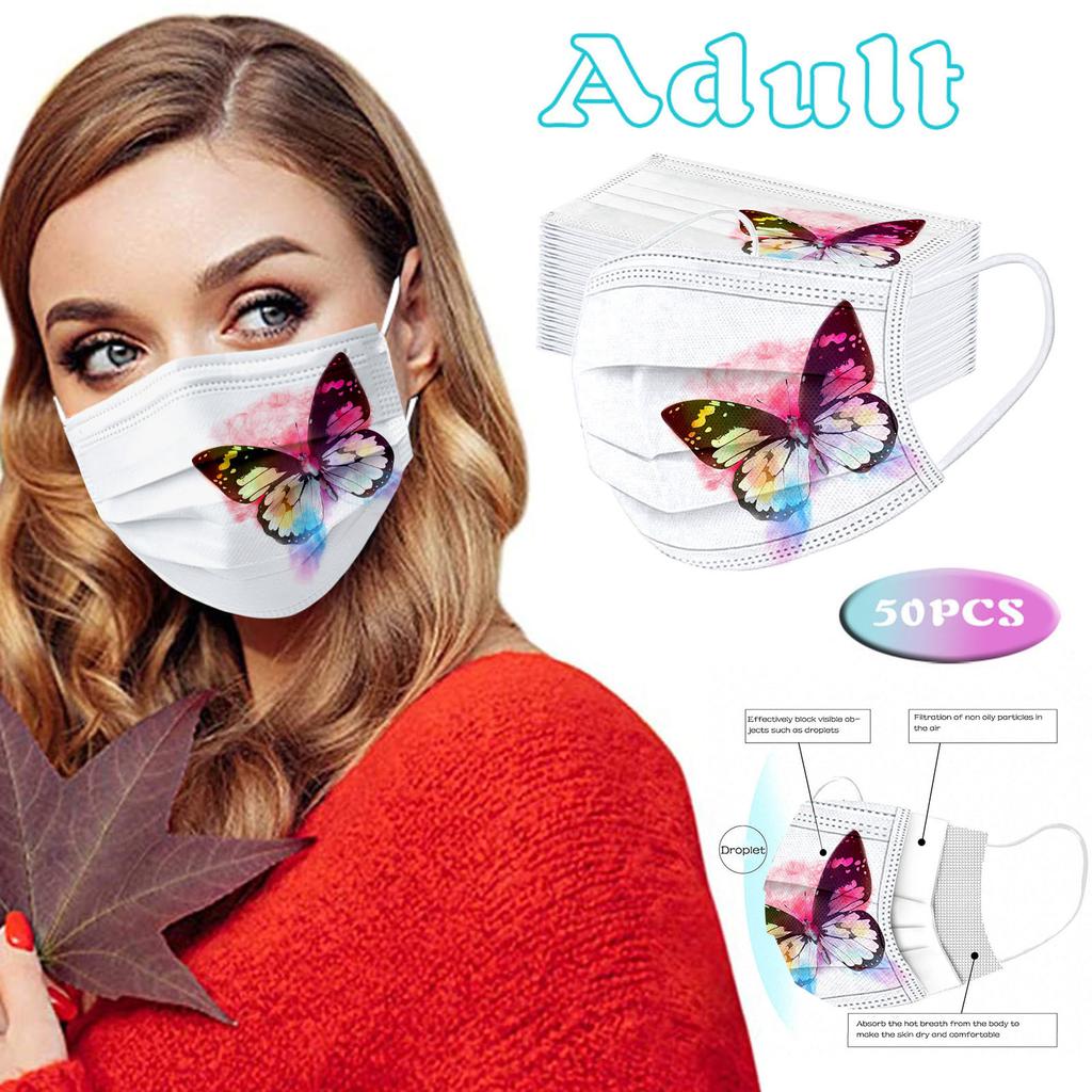 Buy 50PC Adult'S Butterfly Printed Mask Disposable Protective Face ...