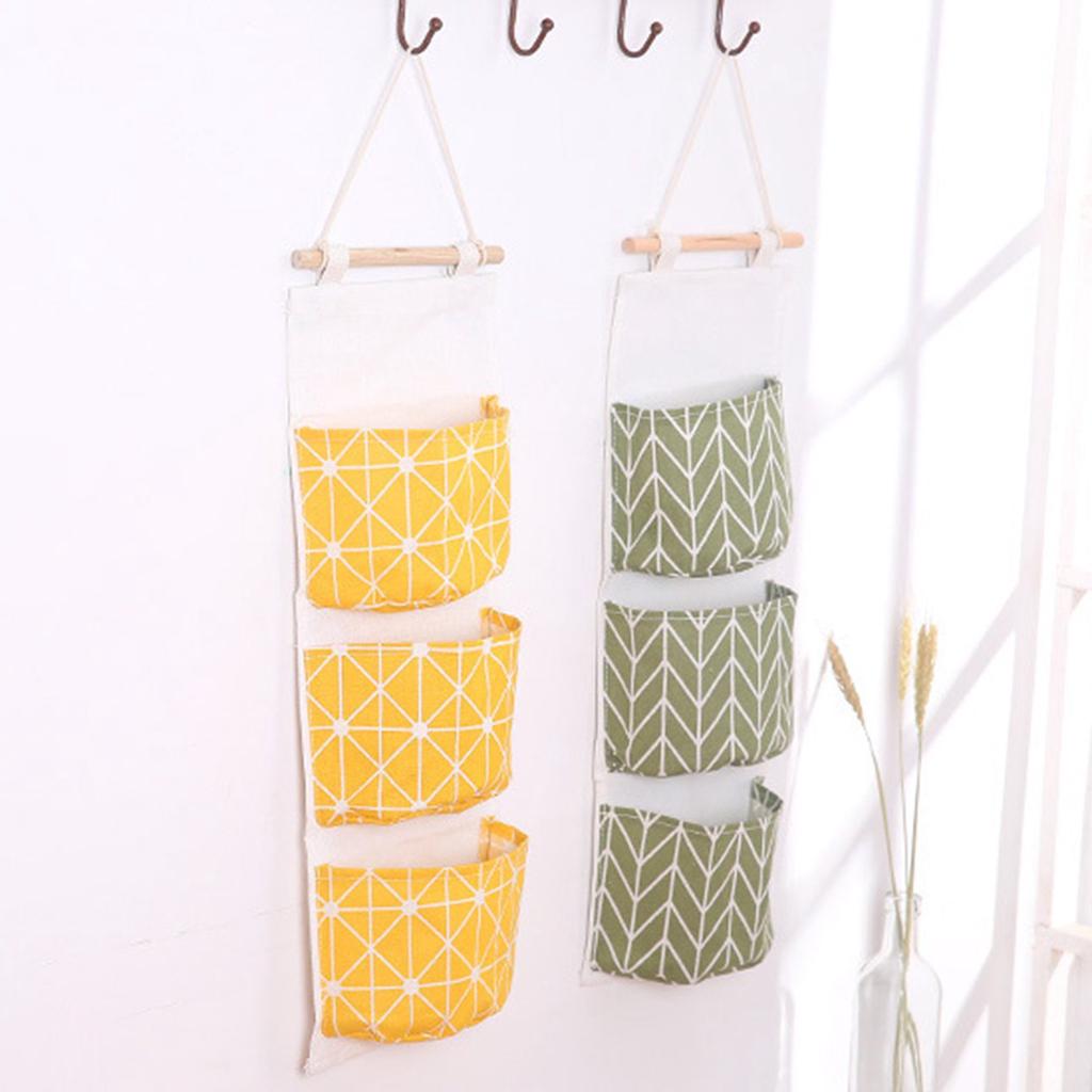 Buy Linen Cotton Fabric Hanging Storage Bag 3 Pockets Waterproof Door ...