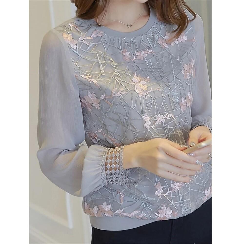 Женская рубашка с длинным рукавом, женская цветочная вышивка с круглым ...