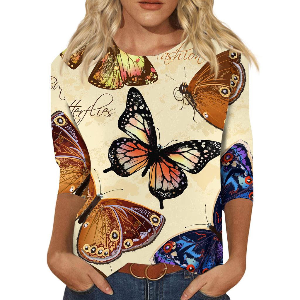 Cheap Women's Fashion Casual Printed Round Neck Seven-Point Sleeve Top ...