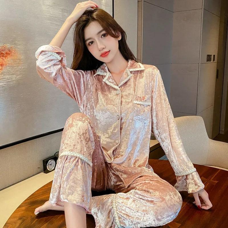 Buy Women's Gold Velvet Pajamas Set Comfortable Gold Edge Tie Dye Long ...