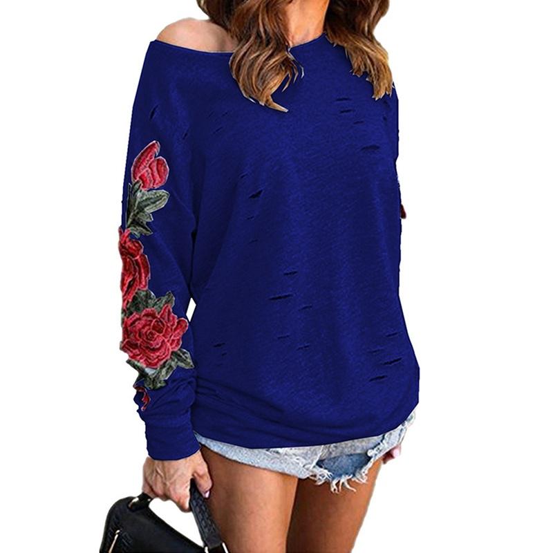 Buy Rose Floral Embroidered Sweatshirt Dolman Long Sleeve Casual ...