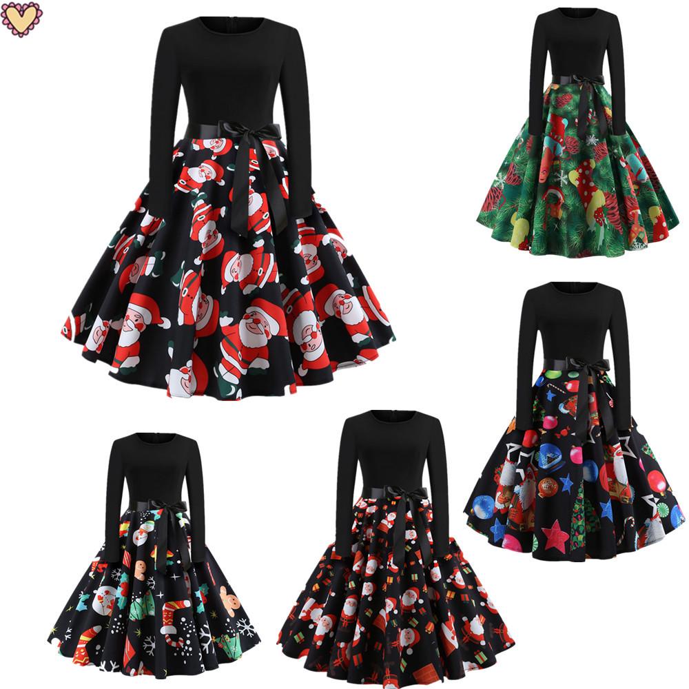 Cheap Women's Vintage Print Long Sleeve Christmas Party Swing Dress | Joom