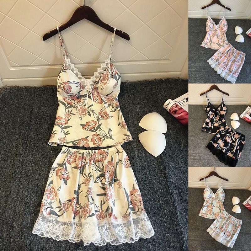 Buy Women V Shaped Lace Design Back Satin Sleepwear Set Flower Print ...