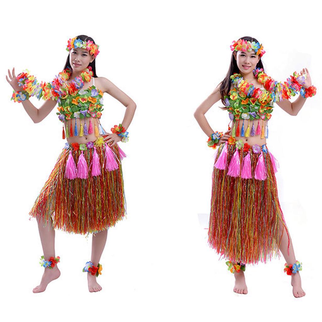 Buy 8/set Girls Women Hawaiian Hula Grass Skirt Bra Lei Set Costume ...