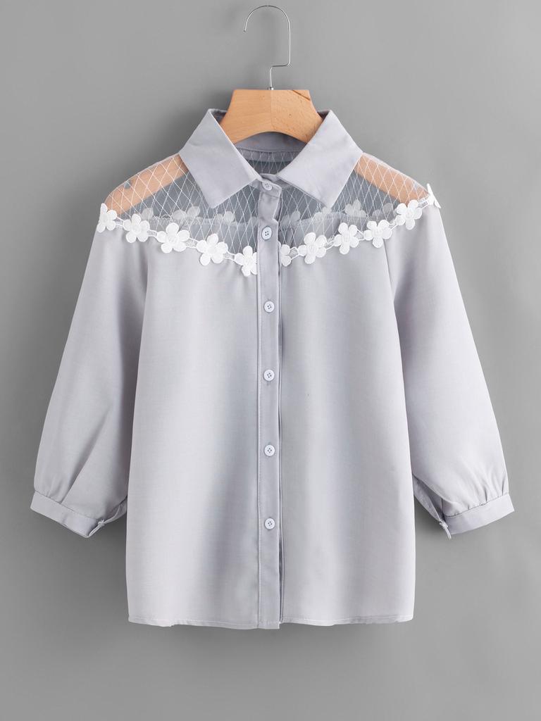 Cheap SHEIN Contrast Lace Appliques Shirt | Joom
