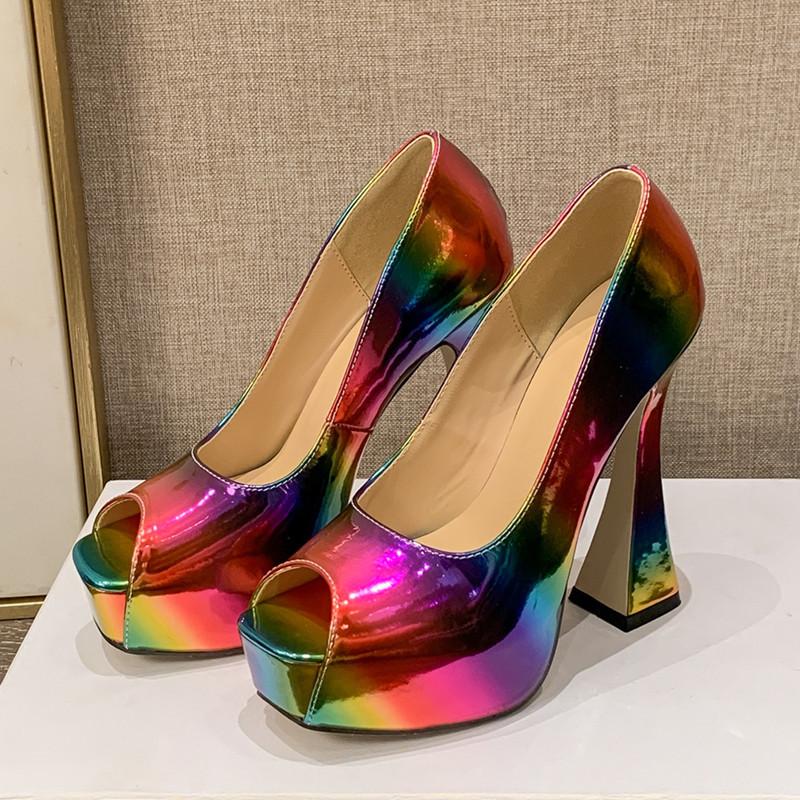 14cm Ultra High heels Glitter patent leather Rainbow Women Pumps Sexy ...