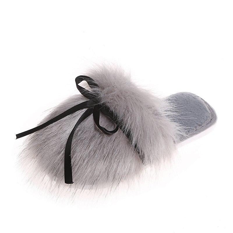 Women Fox Fur Slippers Real Fur Slides Female Indoor Flip Flops Casual ...