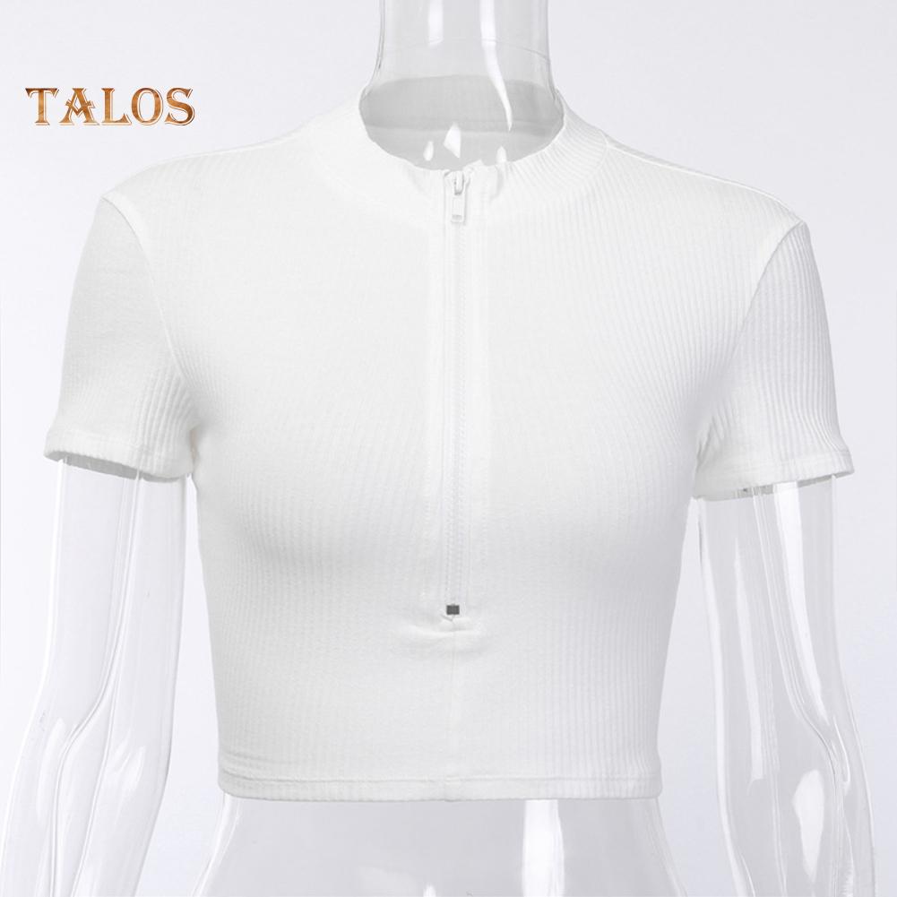 Buy Women Sexy Short Sleeve Mock Neck Crop Top Ribbed Zip up Slim T ...