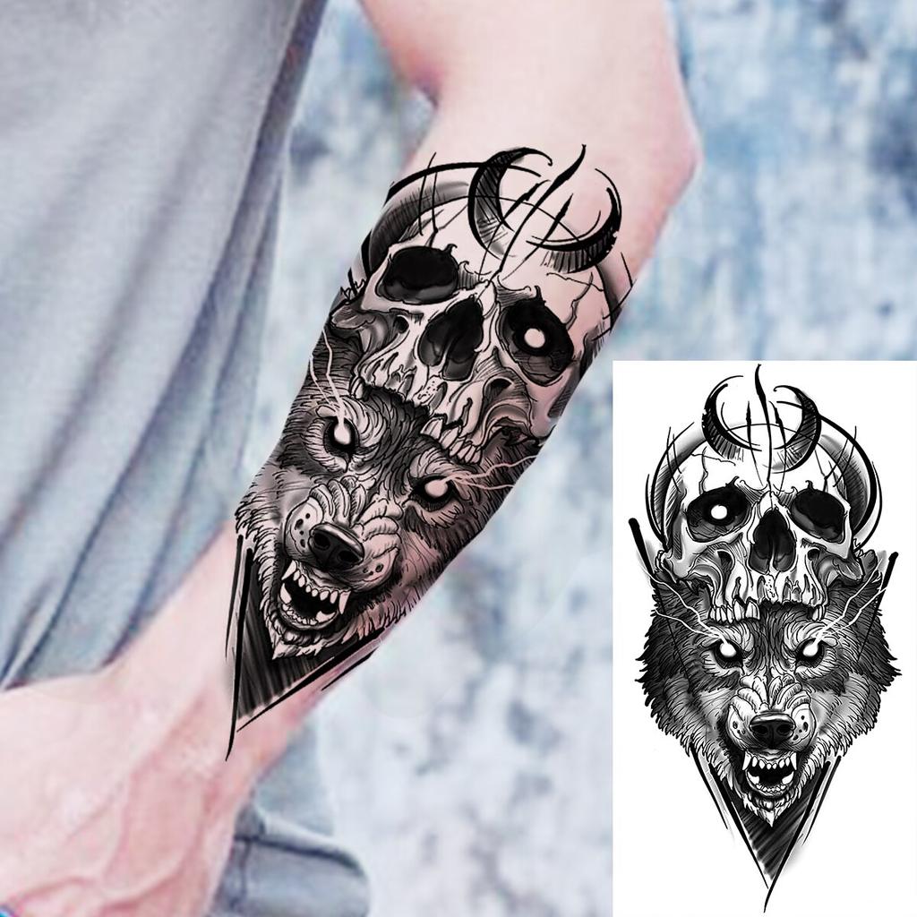Black Scary Rose Flower Gangster Temporary Tattoos For Women Men Wolf Lion Pirate Skull Fake ...