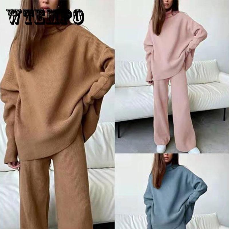 Buy 2PCS Long Sleeve Sweater Wide Leg Pants Trousers Loose Turtleneck ...