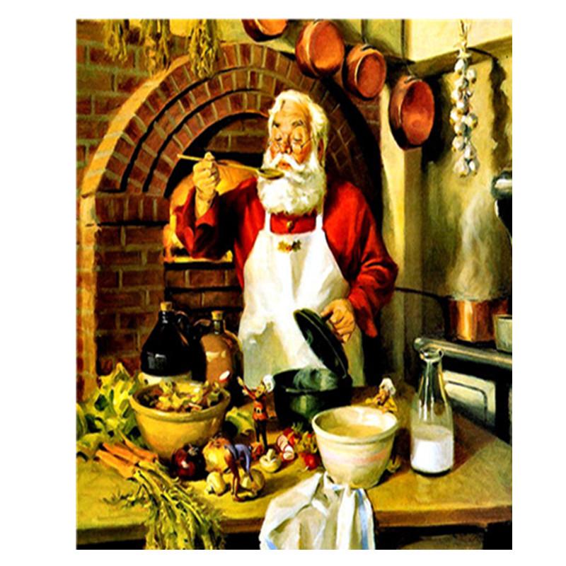 5D Diy Round Diamond Painting "Santa Cooking" Wall Art Cross Stitch ...