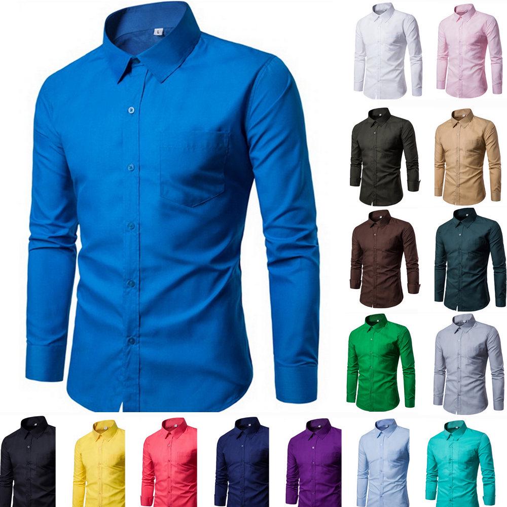 Buy Men Shirt Solid Color Shirt Long Sleeve Slim Fit Business Casual ...