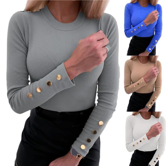 Satın alın O-Neck Long Sleeve Women Blouse Skinny Solid Color Buttons ...