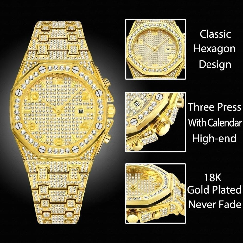 Buy Gold Fashion Quartz Watches Rhinestone Diamond Men Casual ...