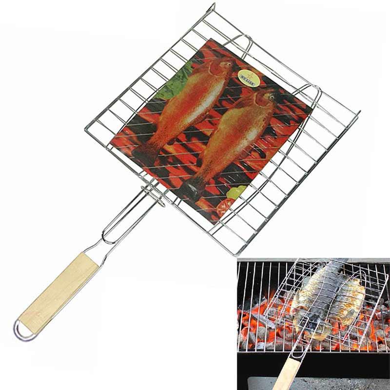 Buy BBQ Barbecue 2 Fish Grilling Basket Roast Folder Tool with Wooden ...