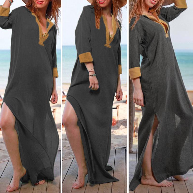 Buy Women Casual Deep V Neck Long Sleeve High Slit Tunic Dress Maxi ...