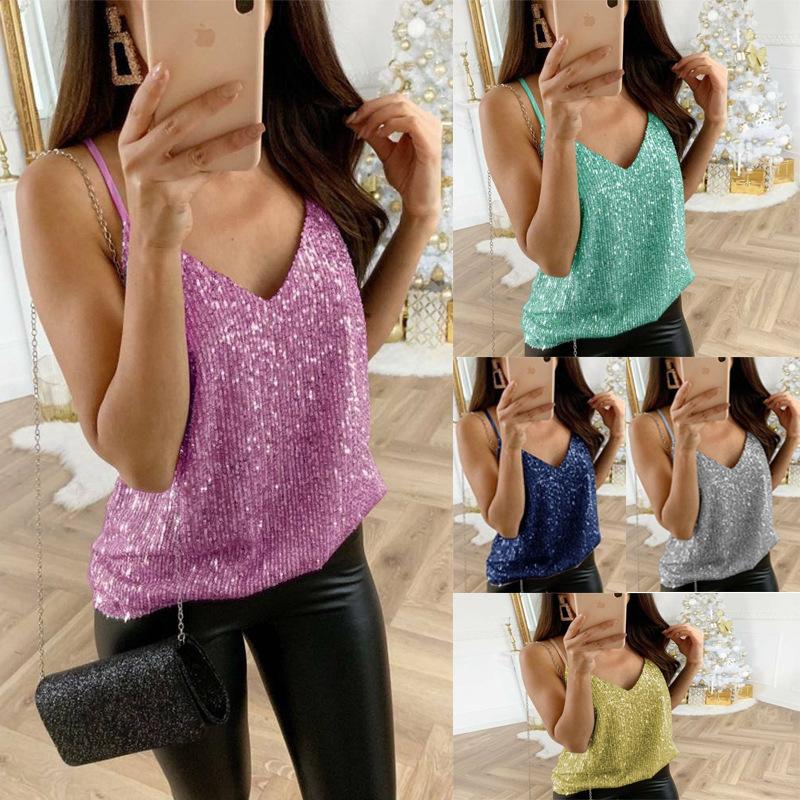 Buy 2022 Women Glitter Strappy Tank Tops Ladies Sexy Sparkle Cami Swing