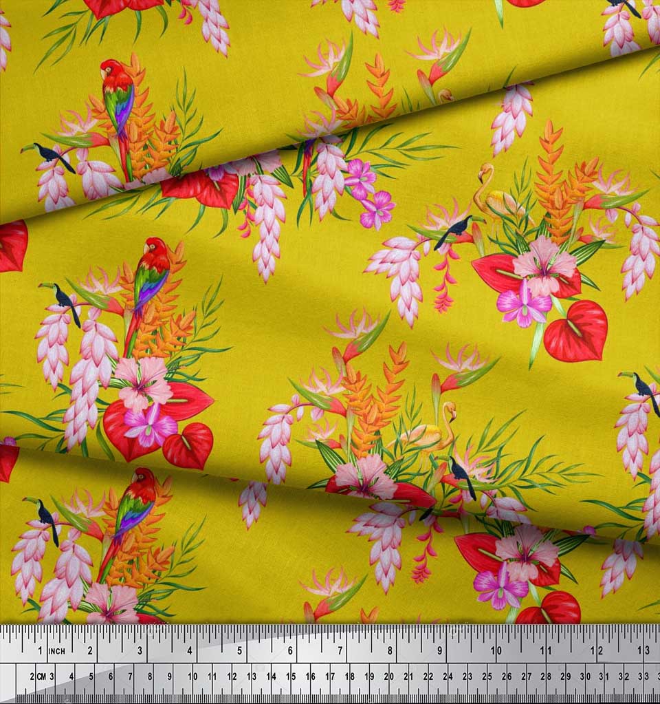 Buy Soimoi Cotton Cambric Fabric Floral|Flamingo & Macaw Parrot Bird ...