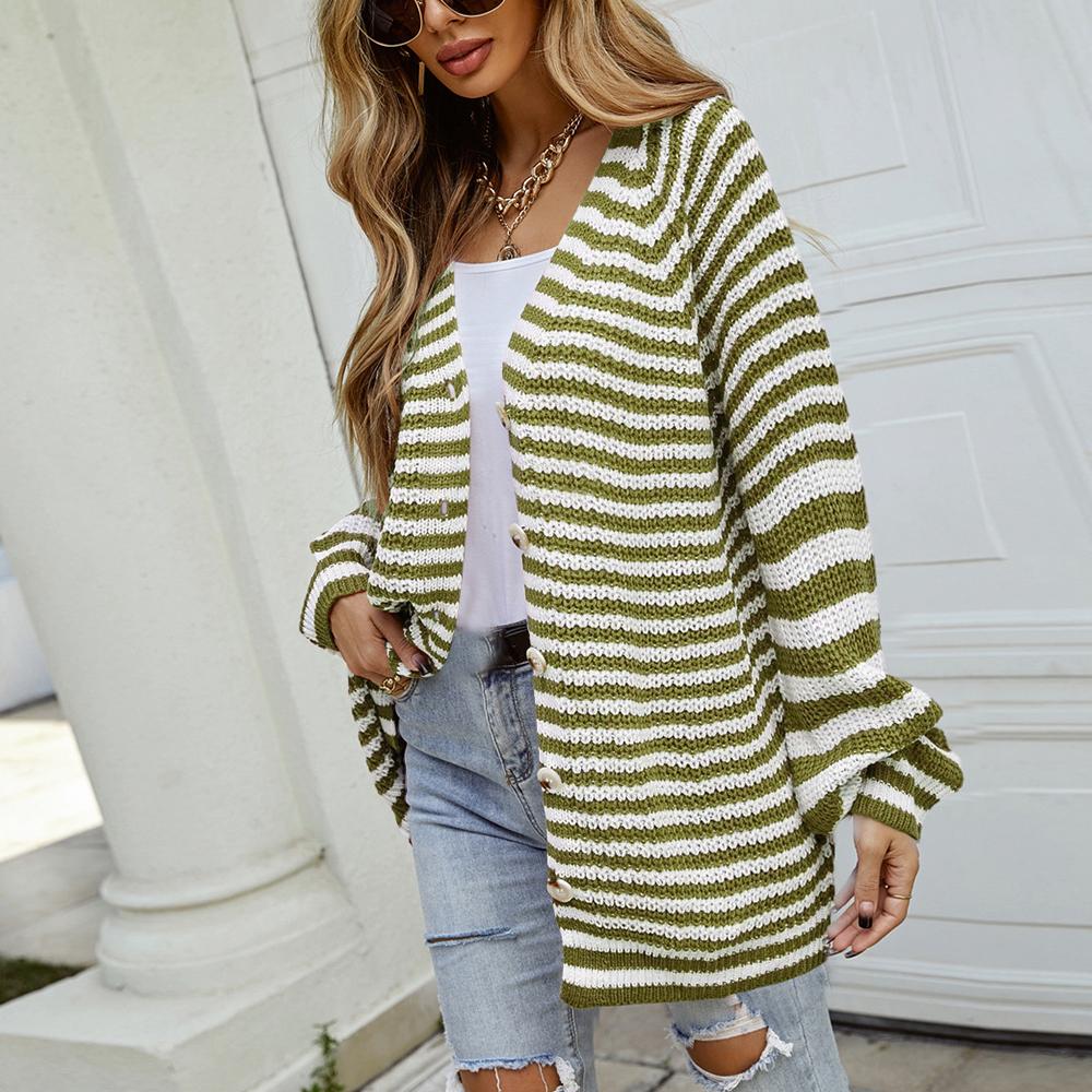 Women V Neck Striped Cardigan Knitted Sweater Casual Long Sleeve Button ...