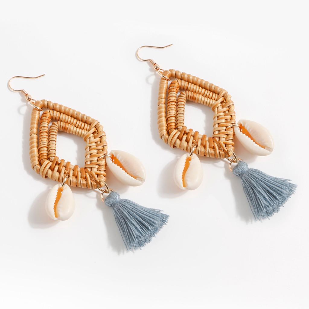 Buy Bohemian Rattan Handmade Tassel Shell Geometric Square Earrings ...