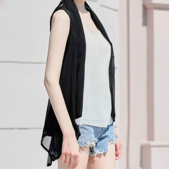 Cheap Scarf Collar Sleeveless Irregular Draped Hem Lace-up Vest Jacket ...