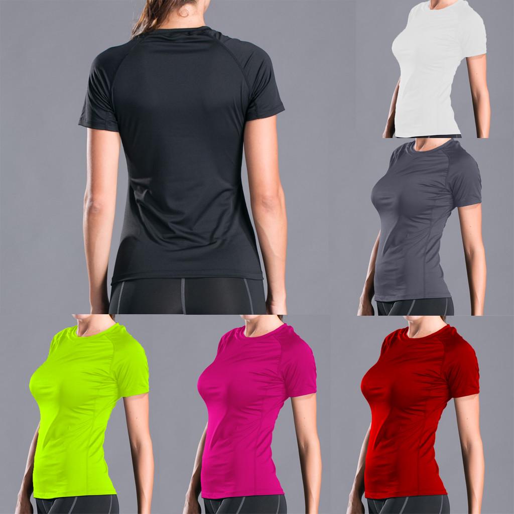 Womens Short Sleeves Blouses Pure Color Sports Running Fitness Fast ...