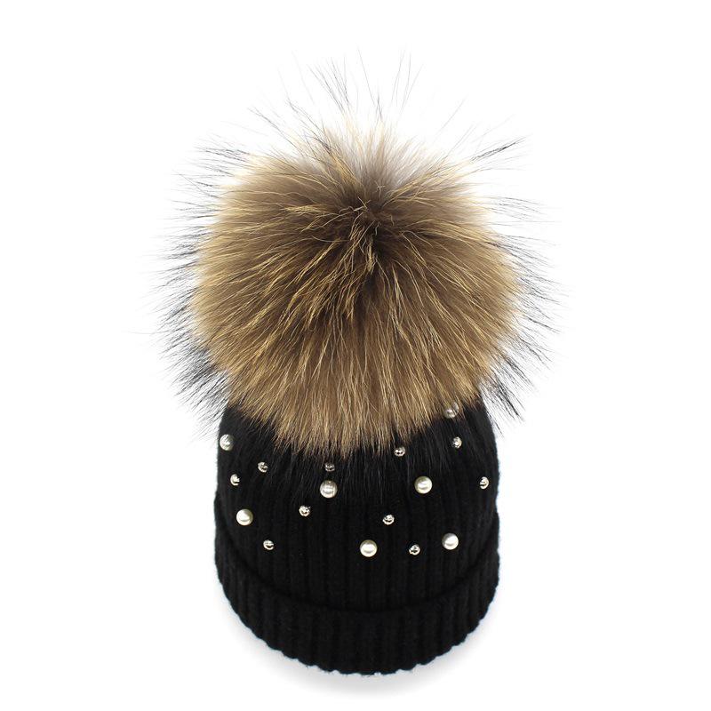 Femmes Bonnets en laine Vraie Fourrure Naturelle Pom Poms Perle Tricoté ...