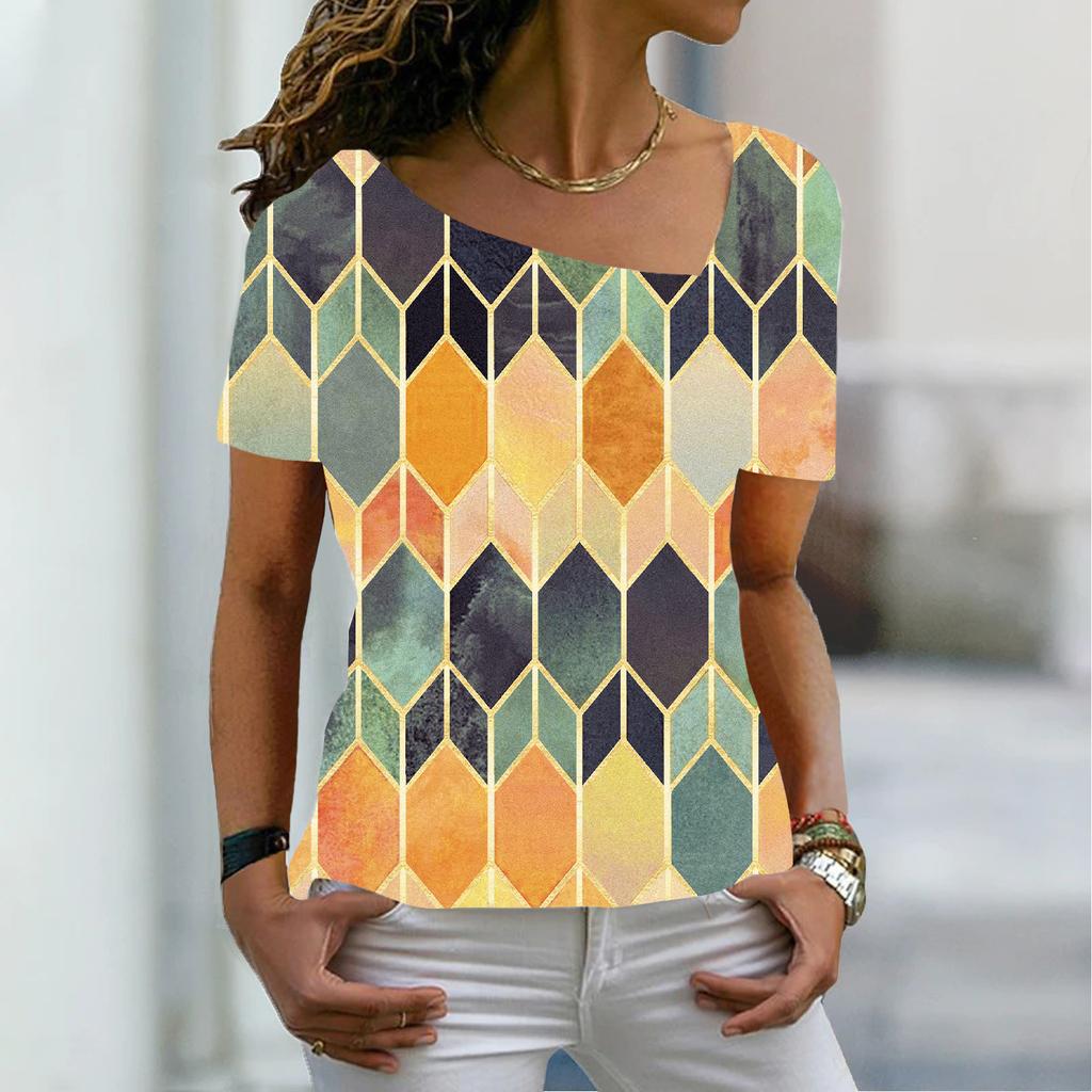 Buy 2022 Summer Women's Geometric Painting T Shirt Geometric Print V ...