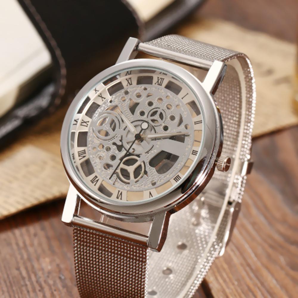 Buy Fashion Metal Mesh Band Watch Men Vintage Hollow Quartz Watch Round ...