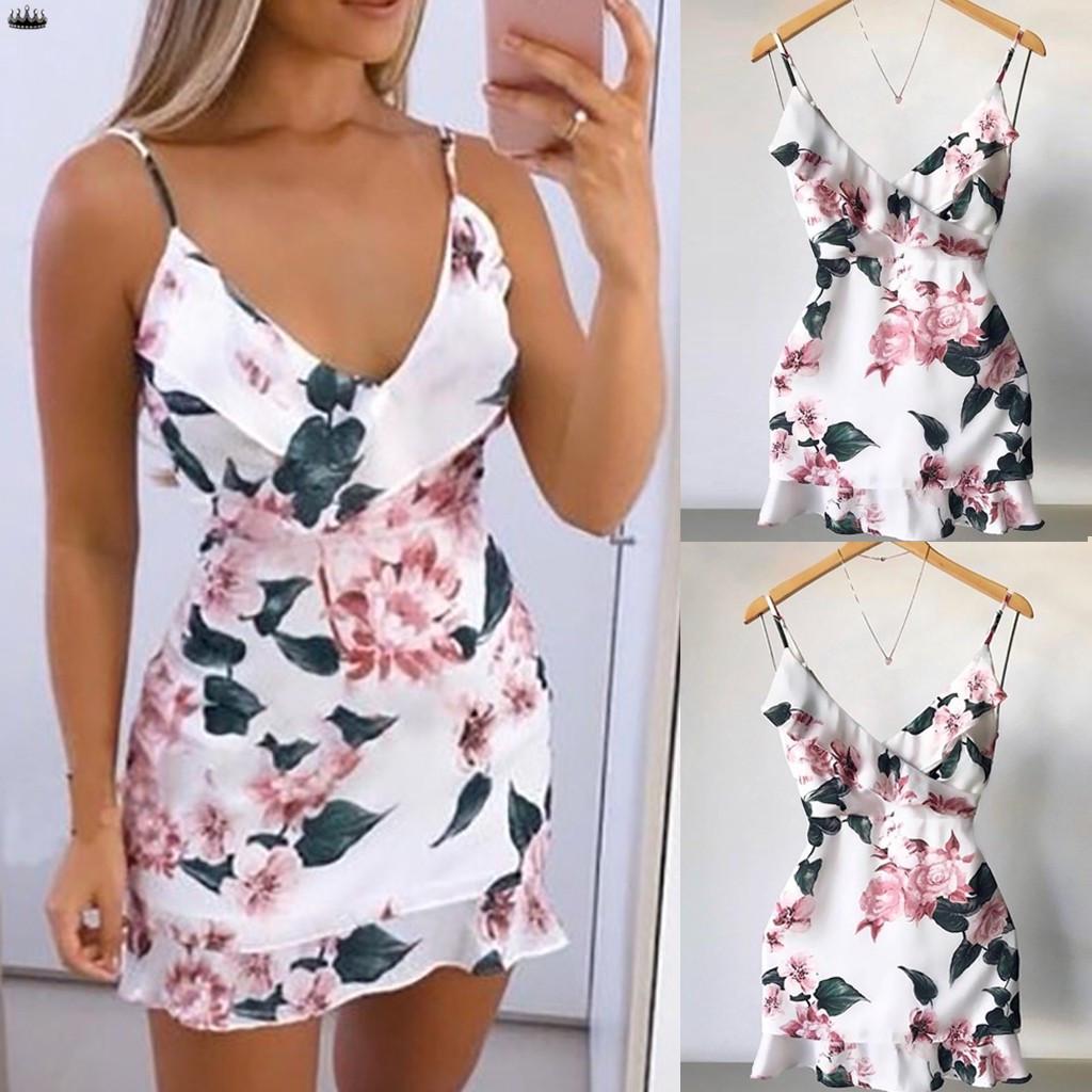 Summer Womens Ladies Floral Printed Strappy Mini Dress Ruffle Beach ...