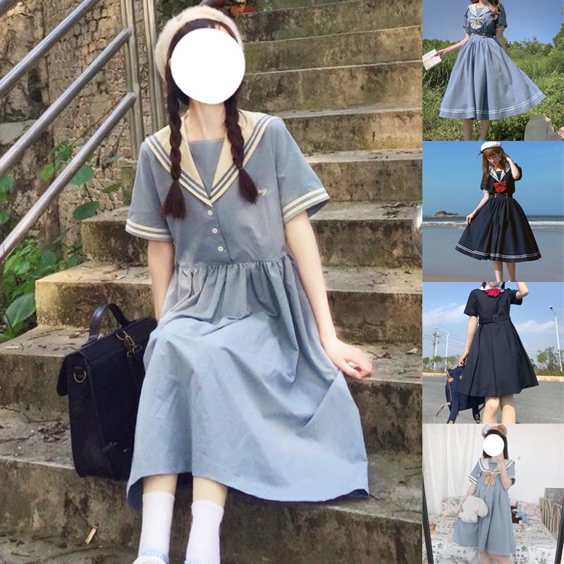 Buy Women Cosplay Sailor Collar Kawaii Cute Navy Dress Bow-knot Dresses ...