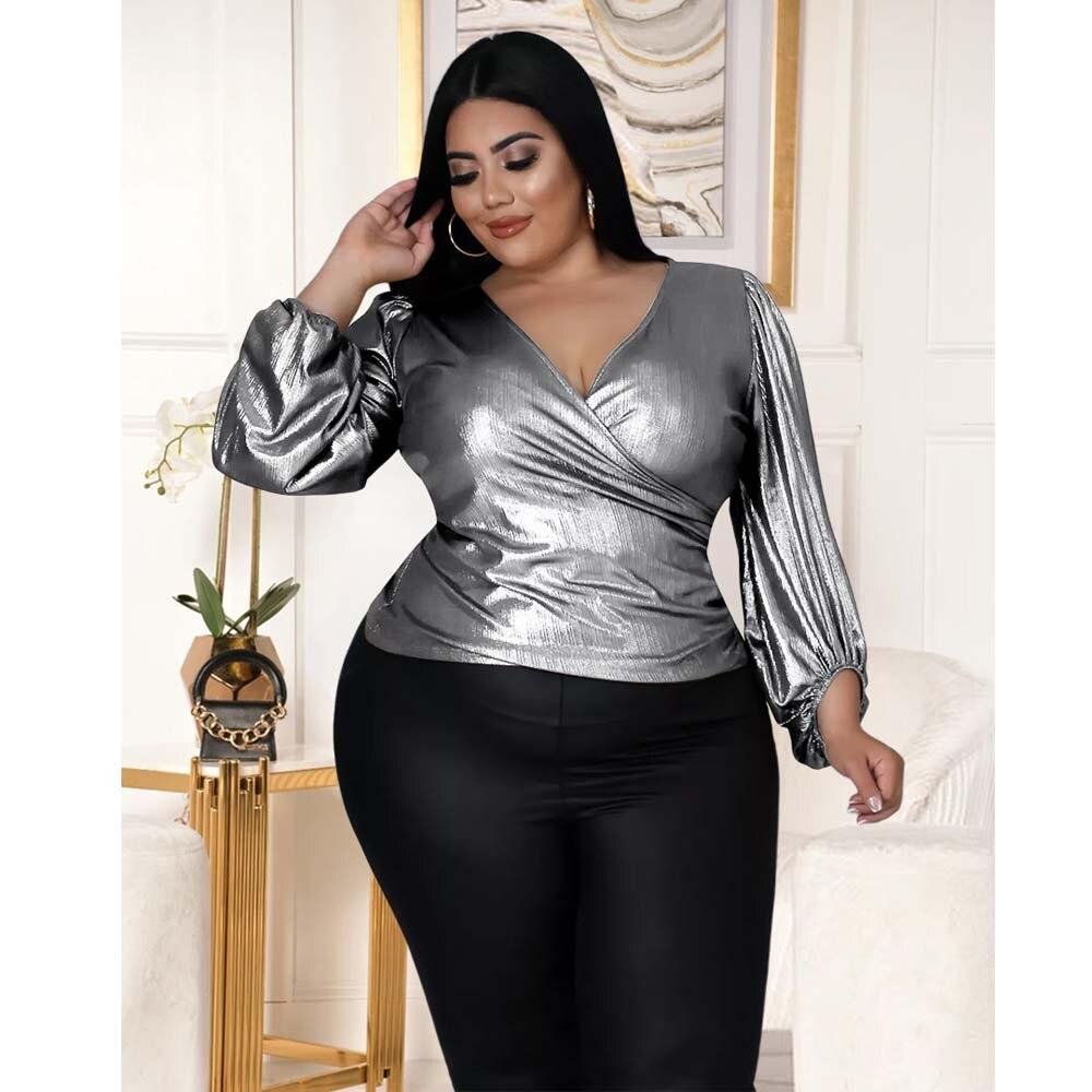 Buy Plus Size Tops V-neck Pleated Drawstring Sleeve Top Sexy Nightclub ...