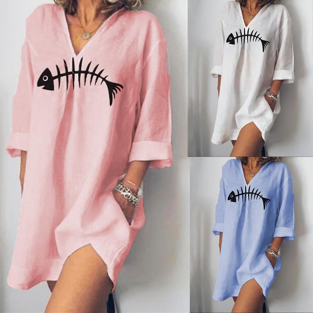 Buy Loose Casual Fishbone Print V Neck Long Sleeved Summer Dress With ...