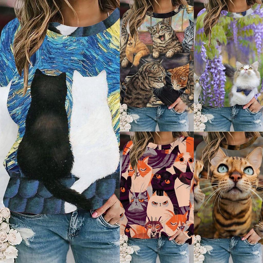 Buy Abstract Cat Print Women's T-shirt 3D Printing Long Sleeve Casual ...