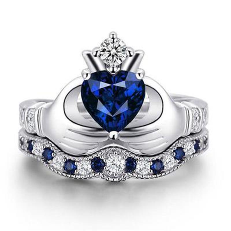 Kadın Moda Takı Kalp Mavi Rhinestone Claddagh Düğün Nişan Kalp Yüzük ...