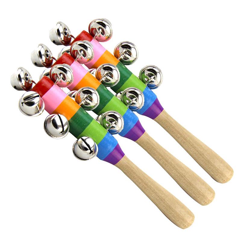 Buy 1Pcs Wooden Stick 1/10 Jingle Bells Rainbow Hand Shake Bell Rattles ...