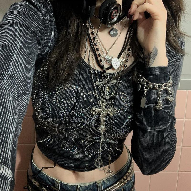 Buy Rhinestone Crop Tops Graphic Print Y2K Grunge Clothes Aesthetic ...