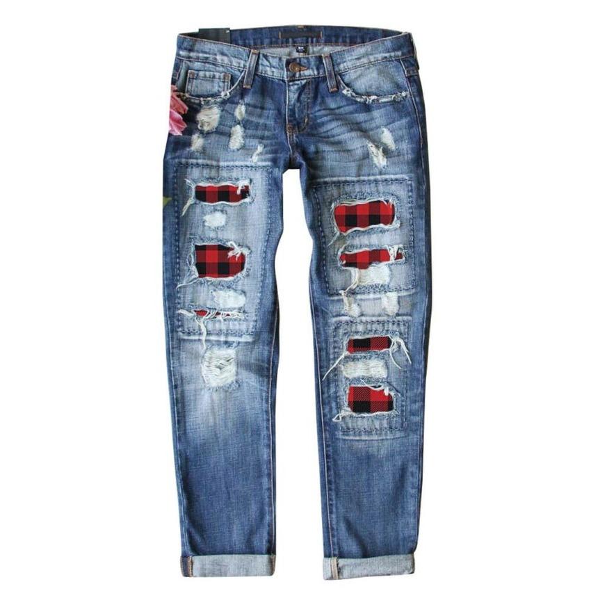 Buy Womens Ripped Denim Pants Plaid Patchwork Distressed Jeans Casual ...